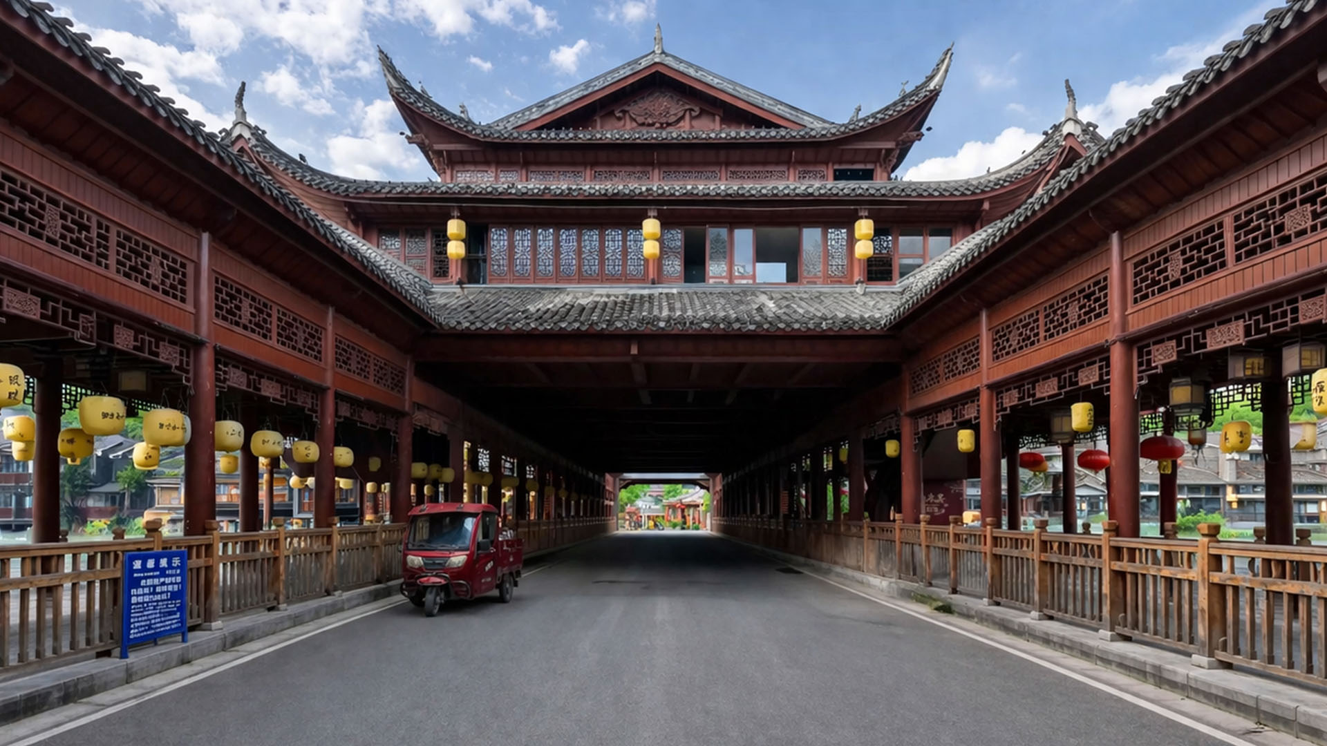 China built a road that goes under a traditional structure