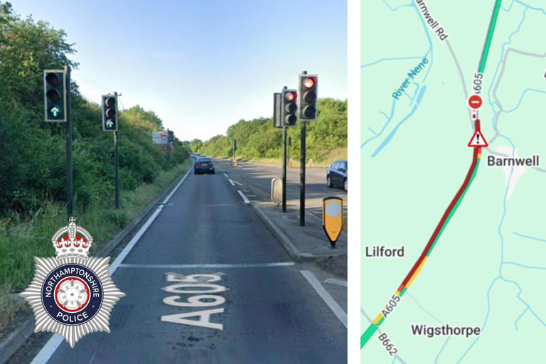 Major route between A14 and Peterborough closed after crash on A605