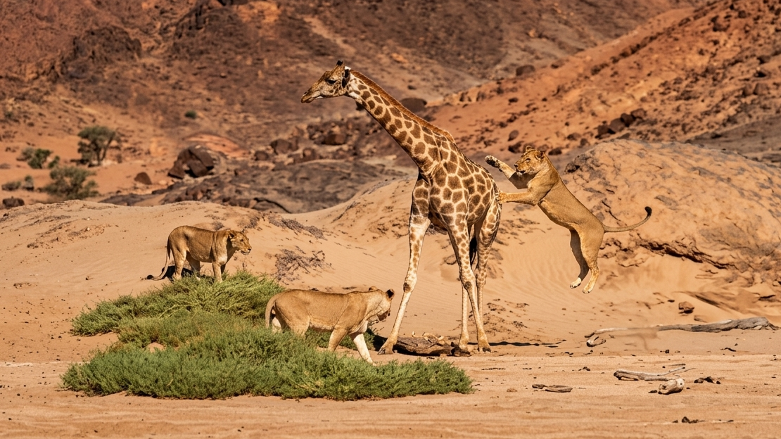 Watch what happens when a lioness lunges at a giraffe