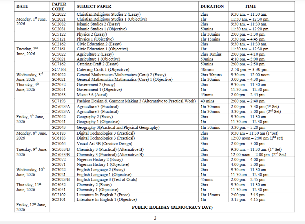 Full list: WAEC releases 2026 WASSCE timetable
