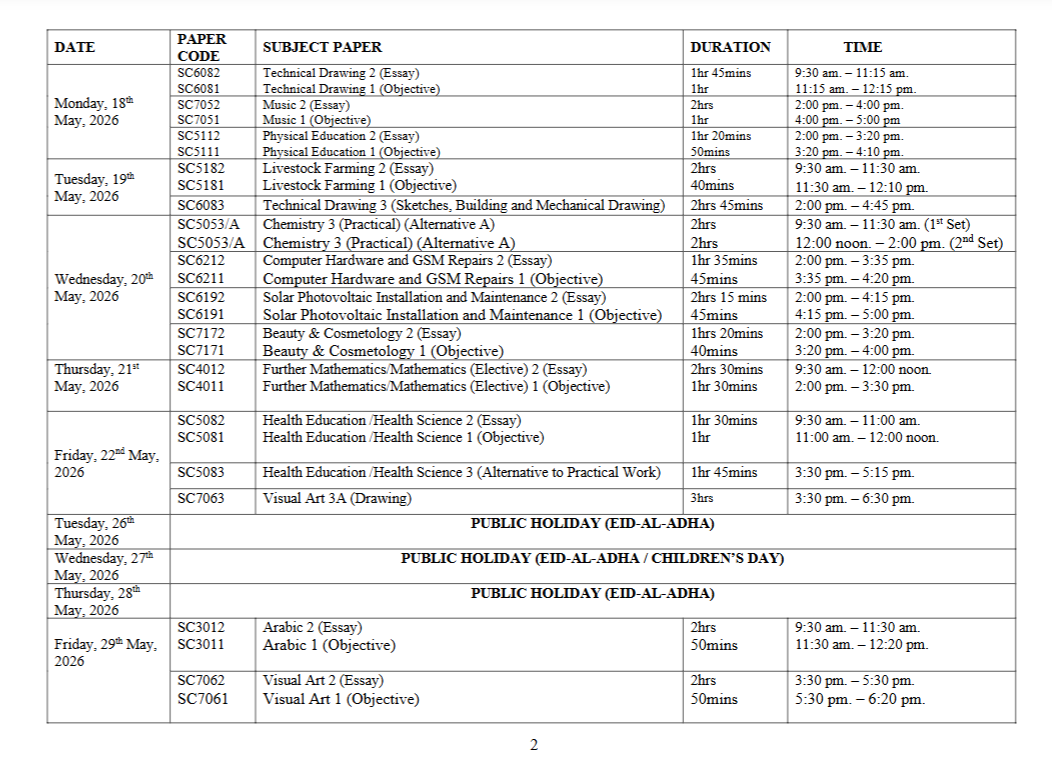 Full list: WAEC releases 2026 WASSCE timetable