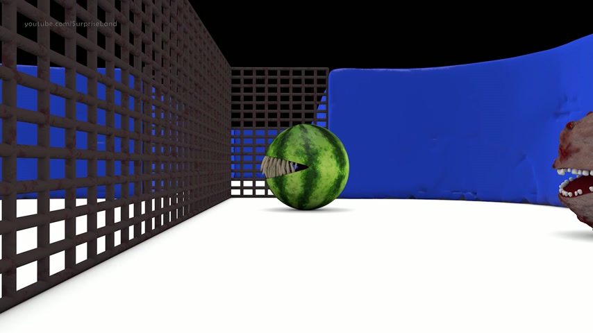 Horror Pacman and watermelon monster vs silver and golden hands