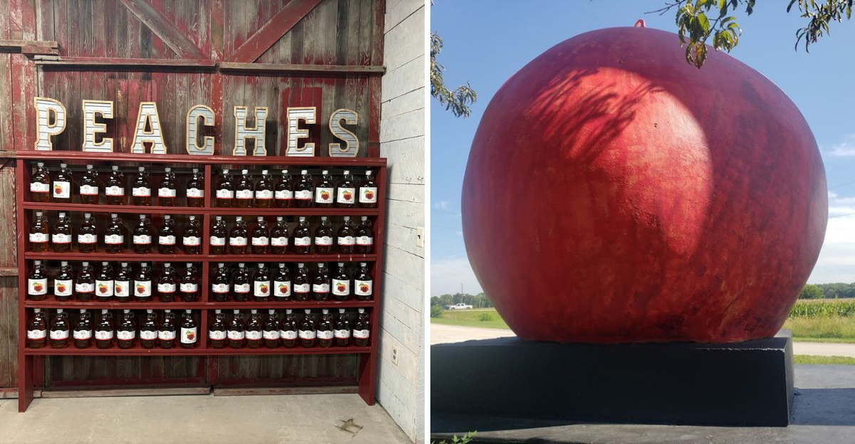 This Indiana roadside fruit stand features a massive peach statue and ...