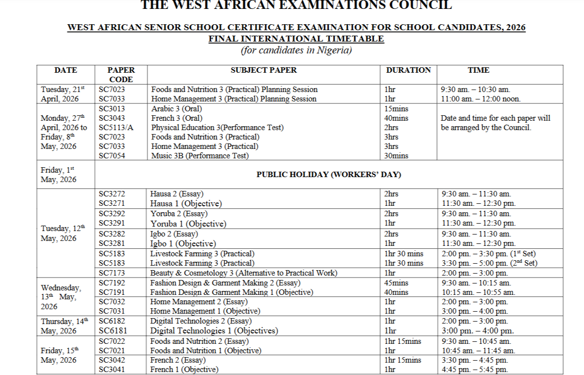 Full list: WAEC releases 2026 WASSCE timetable