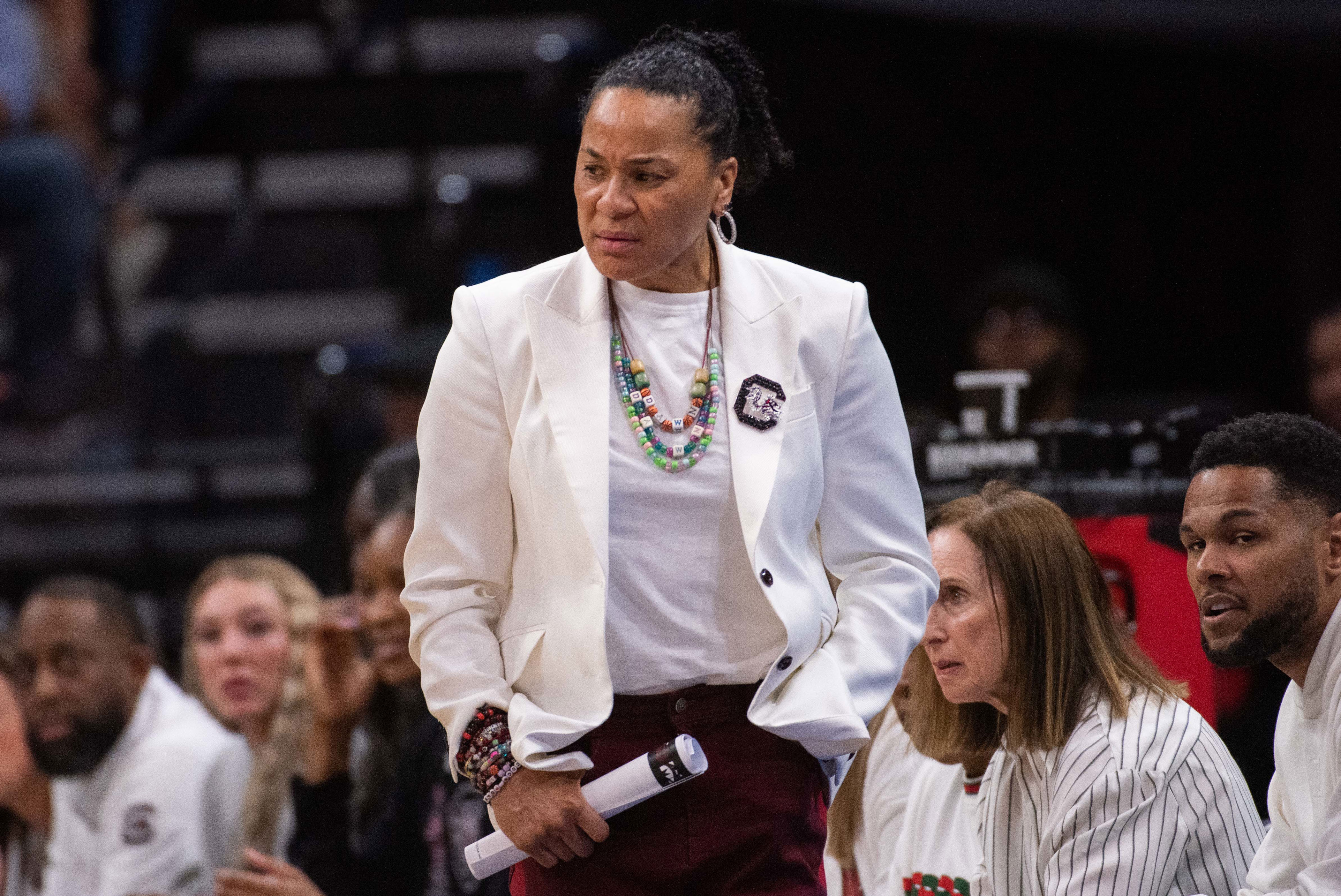 Dawn Staley wearing blazer with bedazzled South Carolina logo vs TCU in ...