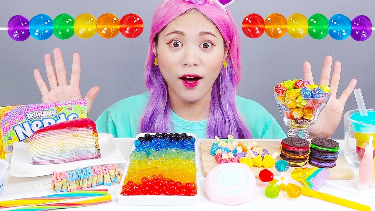 Jeli kue makanan penutup pelangi Mukbang DONA