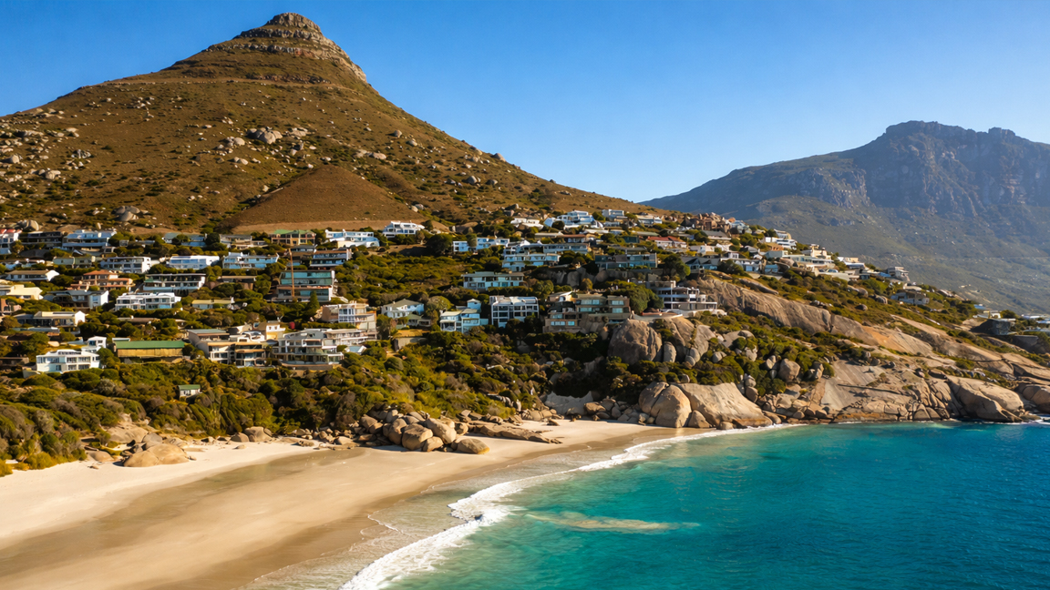 Houses built along a hillside facing a quiet sandy beach