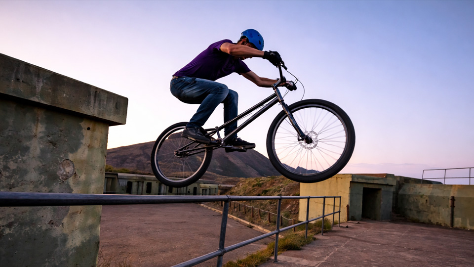 Street bike parkour shows urban riding flow