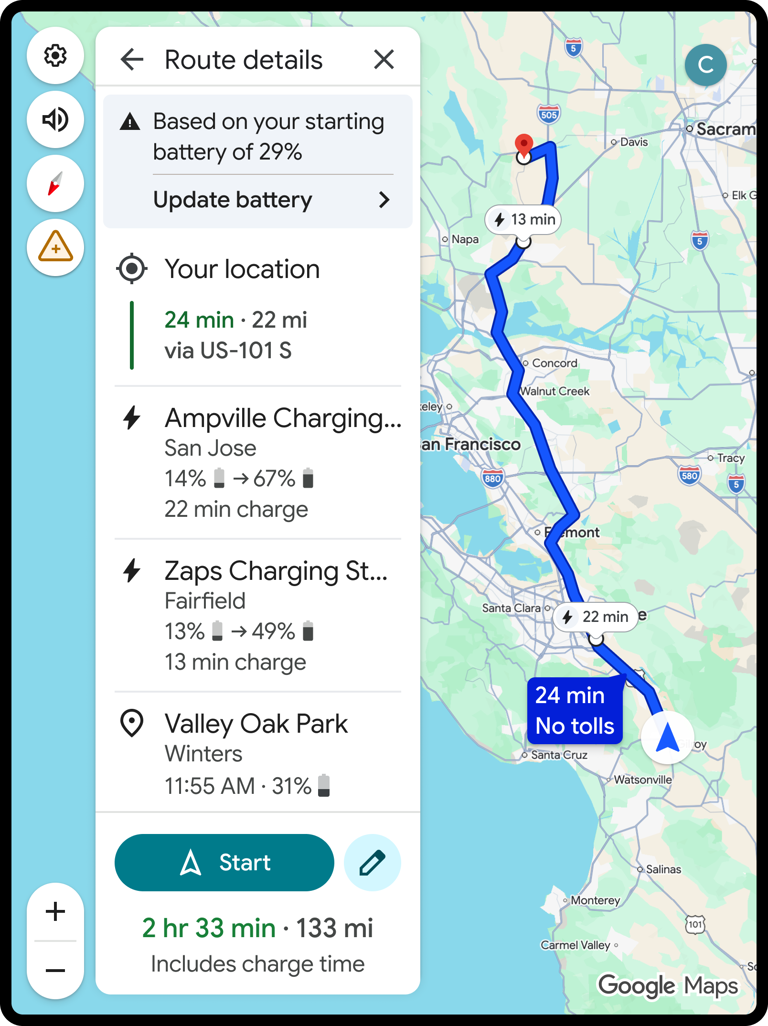 Google Maps can now plan EV road trips with charging stops via Android Auto