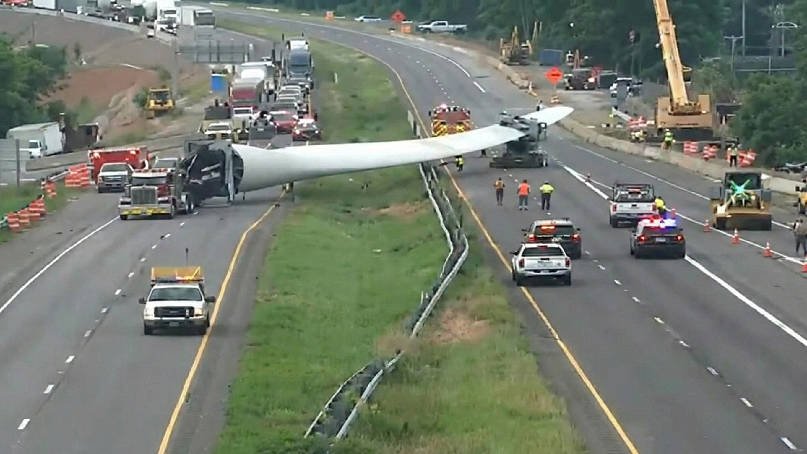 A wind turbine blade collapse shut down I-70 and injured a driver