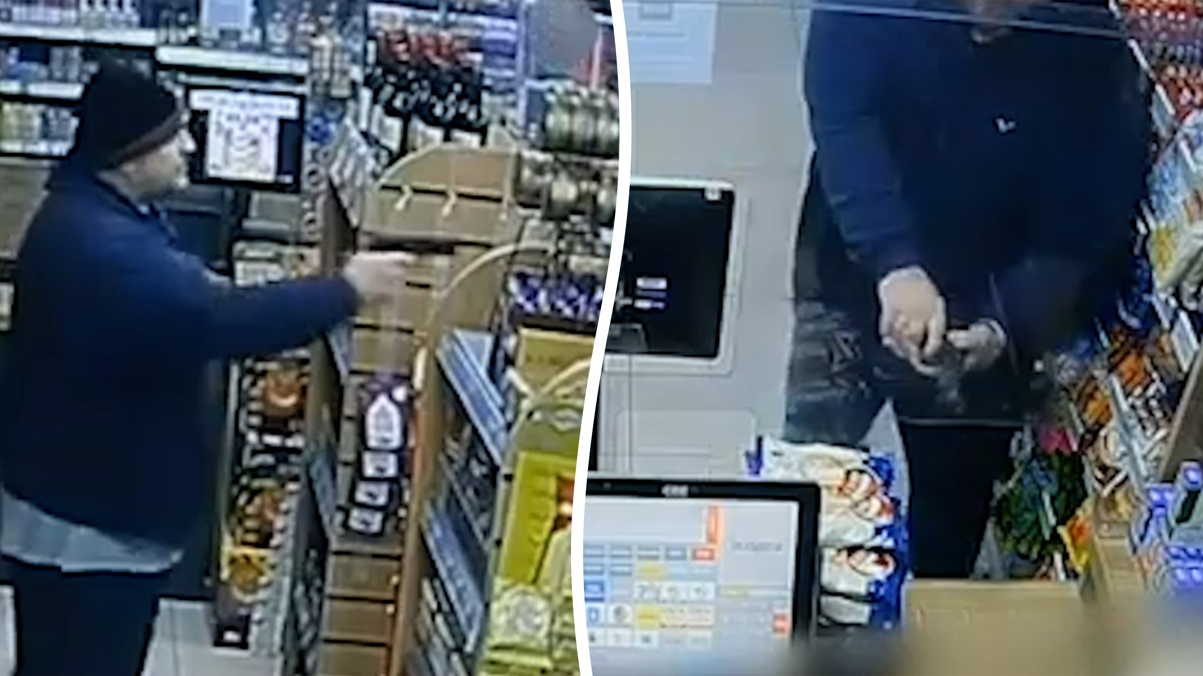 Moment man threatens workers with fake gun during petrol station robbery