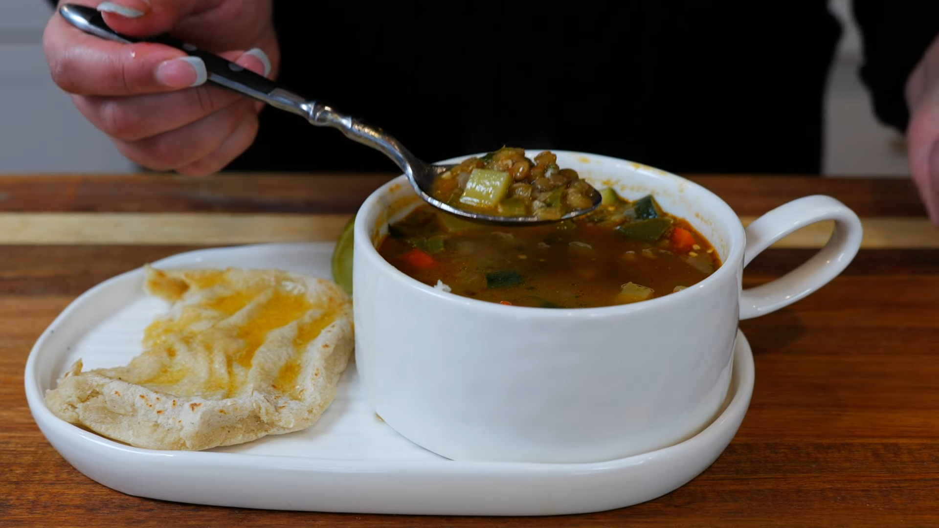 Simple homemade lentil soup with fresh corn tortillas