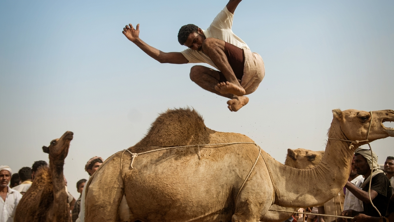 Watch what happens when a man jumps over a camel