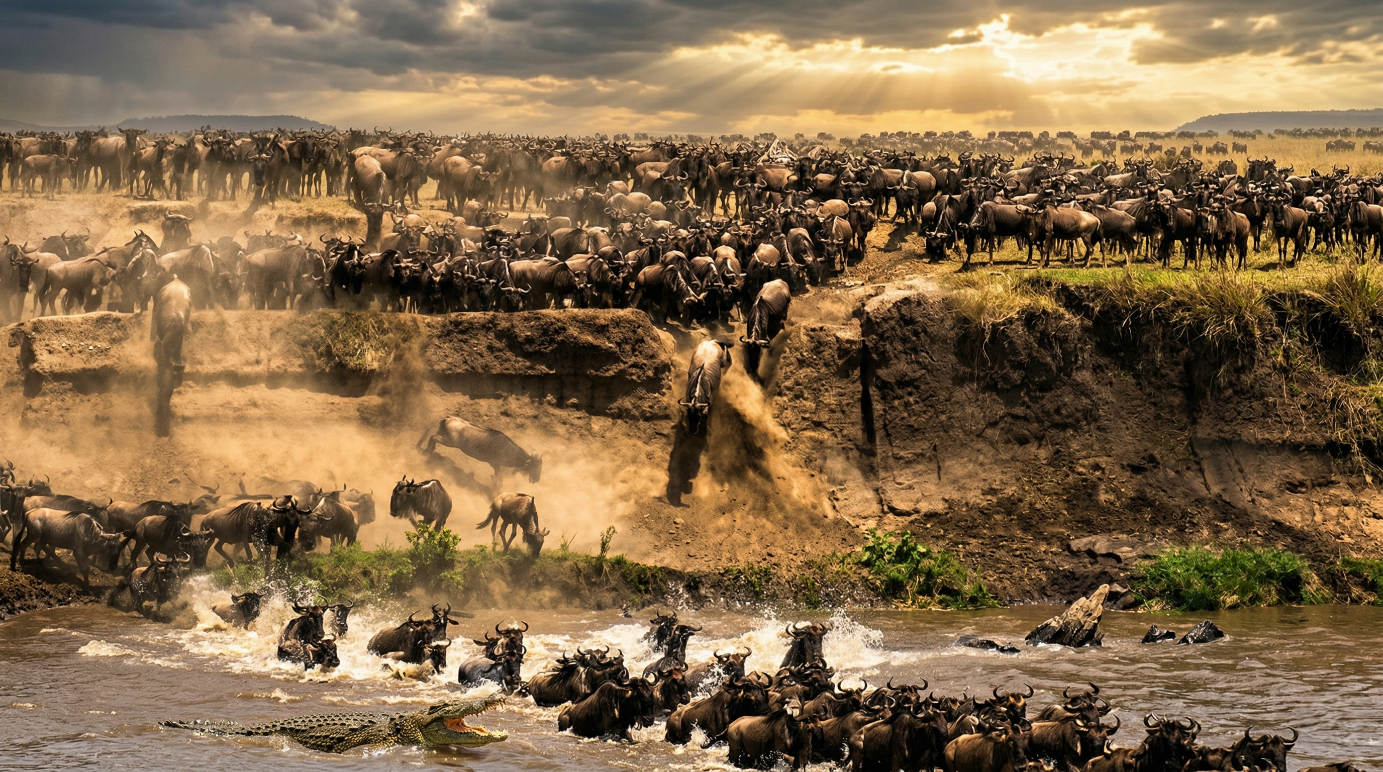 Watch what happens when wildebeests leap into crocodile-infested waters