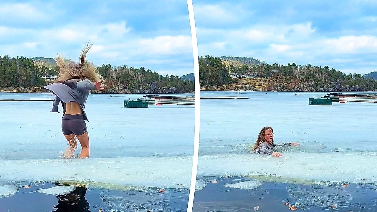 Content shoot goes wrong as woman falls through ice in Norway