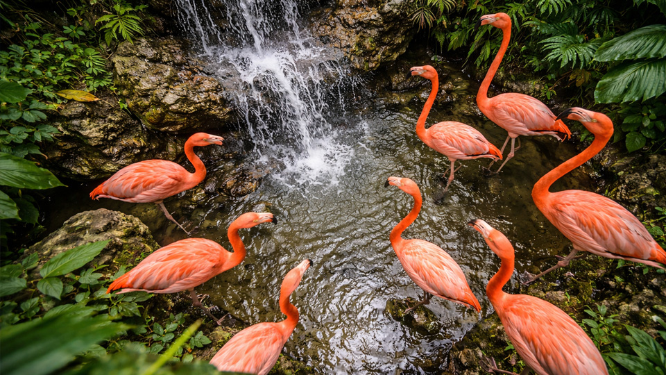 Natural scene in Mexico shows ruins and flamingos