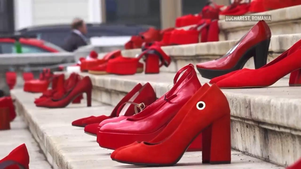 Red shoes on steps of Bucharest concert hall represent victims of ...