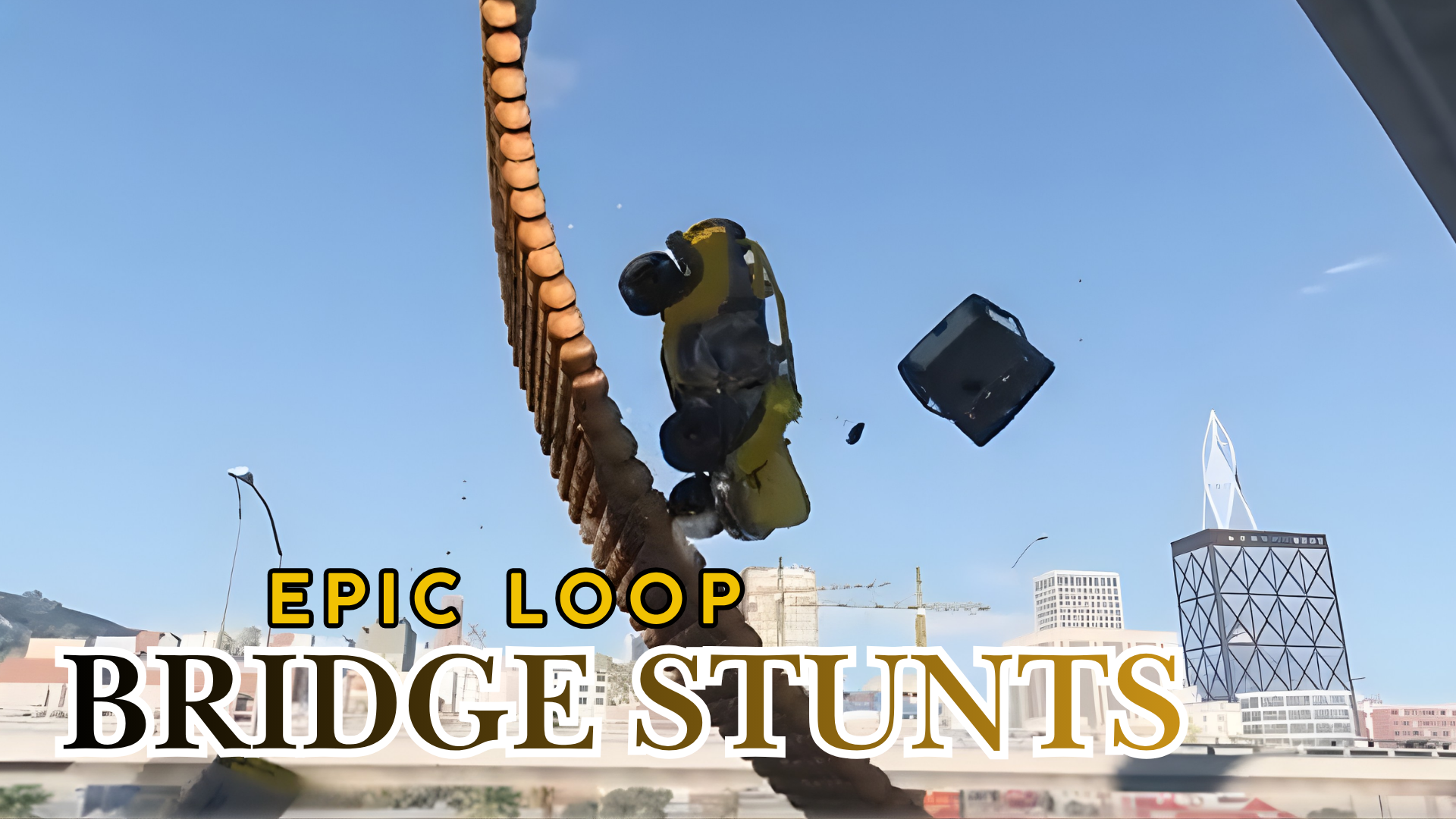 Cars jump and perform stunts on loop bridge freeway challenge