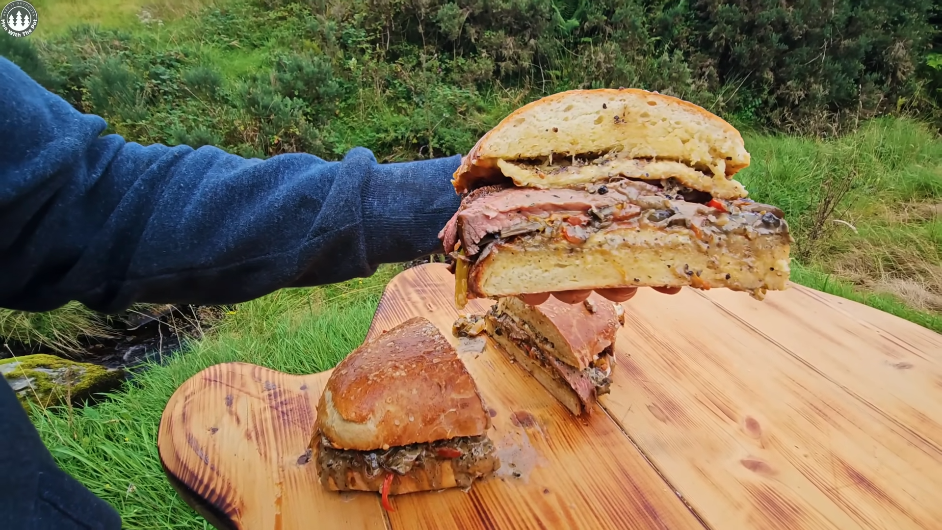 Watch what happens when a giant sirloin sandwich hits the fire