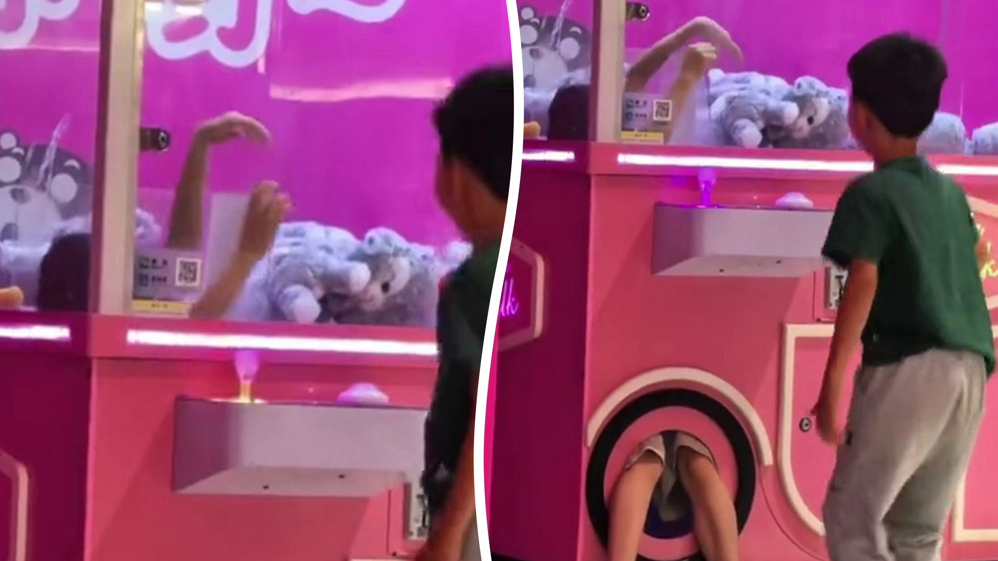 Little boy squeezes into claw machine to grab toys by hand