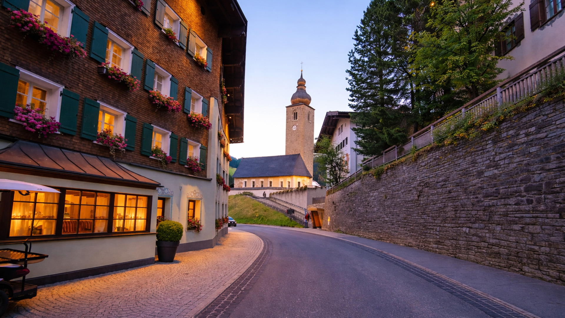 Lech Austria evening walk mountain resort (4K)