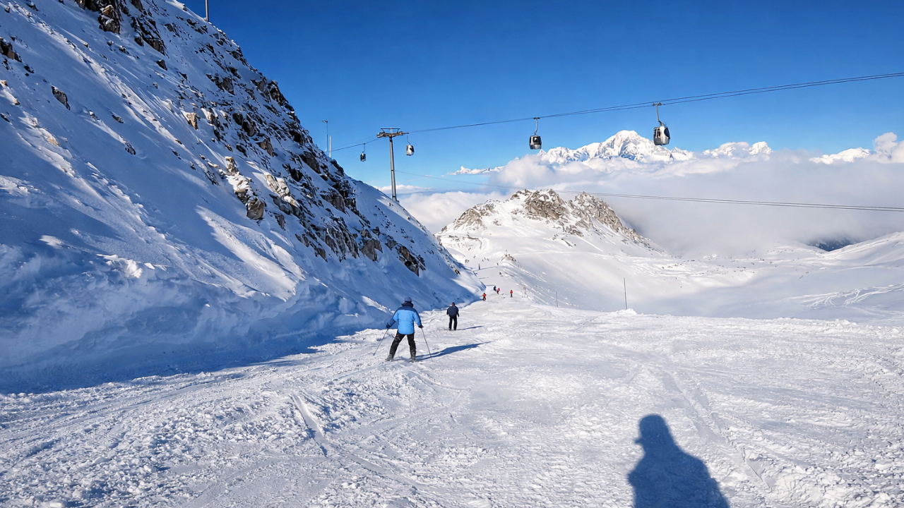 Skiing Grand Renard slope Les Arcs France (4K)