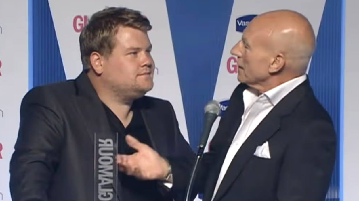 Patrick Stewart shuts down James Corden live on stage - "Sit down, man"