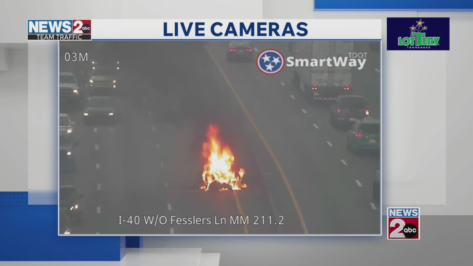 Car fire on I-40 at Fesslers Lane