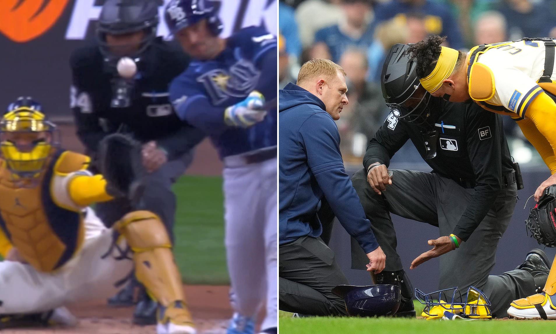 Scary moment veteran MLB umpire forced to leave game after 100mph foul ...