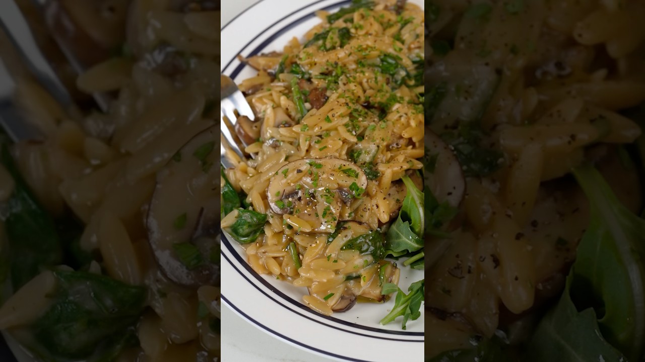 Garlic butter salmon with mushroom & spinach orzo