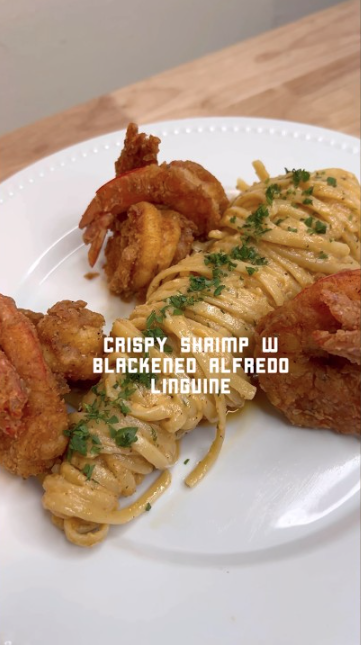 Blackened Alfredo linguine with crispy shrimp pasta