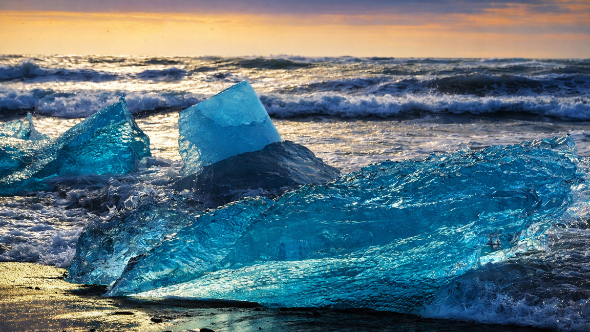 Glacial ice shards glowing on a golden shoreline