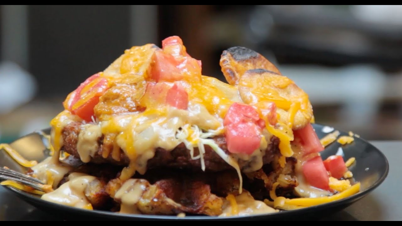 Fried steak waffle fry crack gravy eruption - Hungry Superman masterpiece