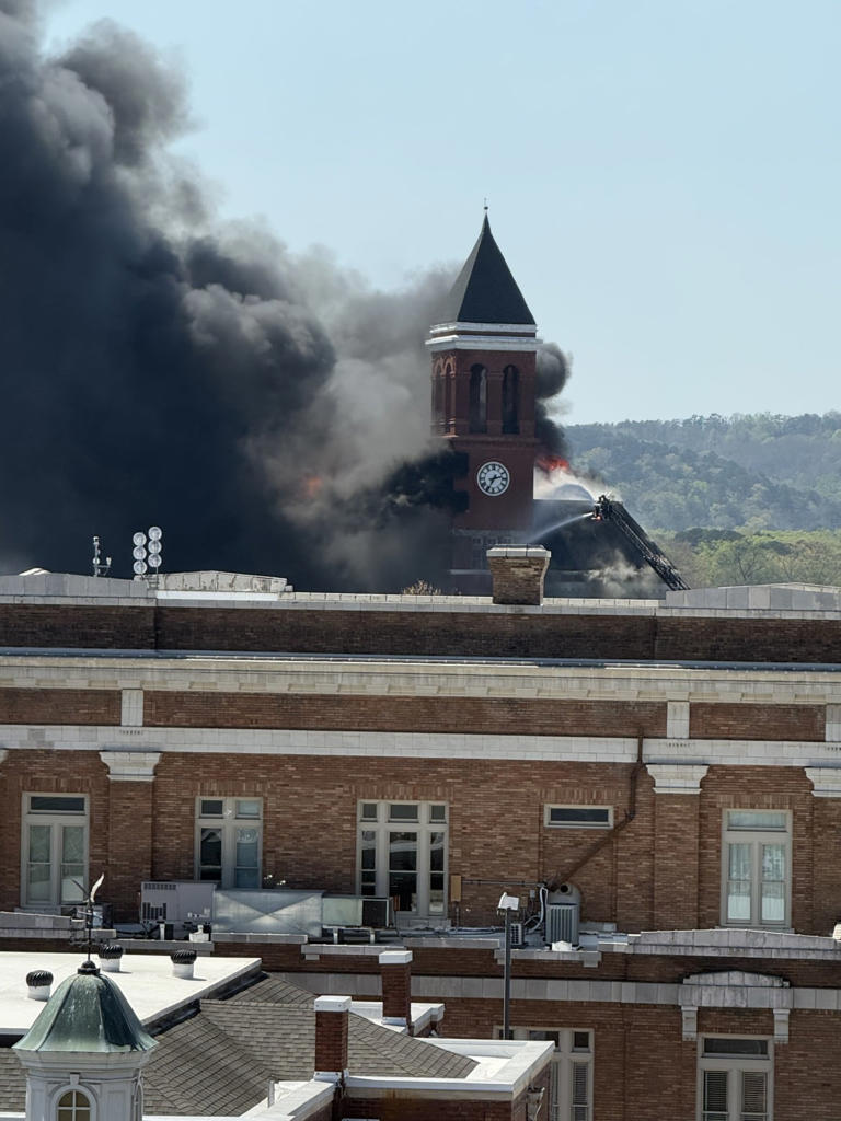 Historic Rome courthouse burns, tower collapses