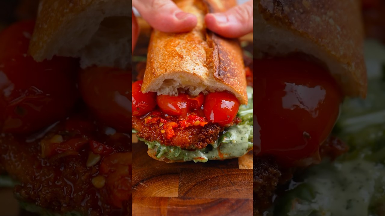 Fried chicken sandwich with cherry tomato confit