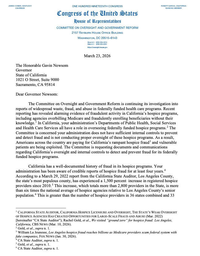 House Oversight Committee launches probe into 'rampant' hospice fraud ...