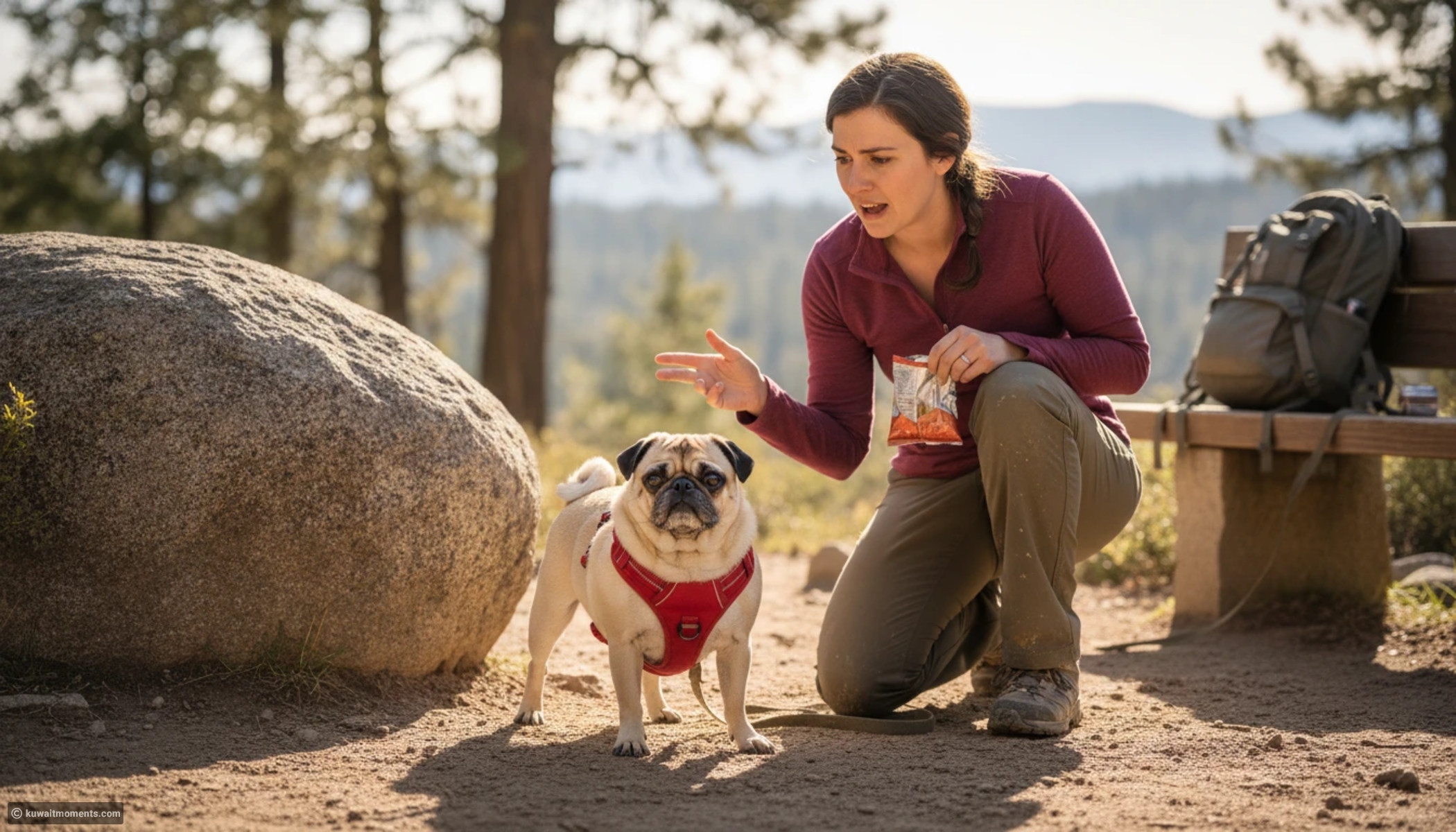 A dramatic pug refuses to continue a hike every time its owner stops