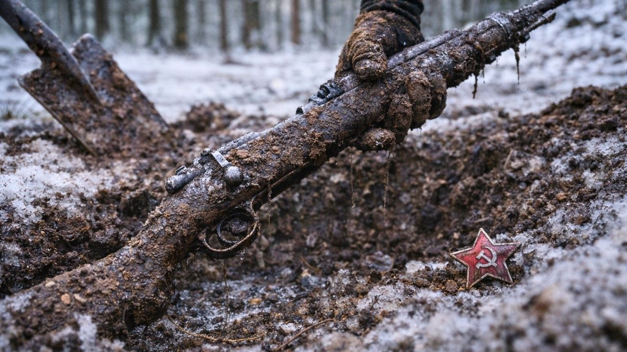 Frozen eastern front dig suddenly reveals a buried K98k and Soviet star ...