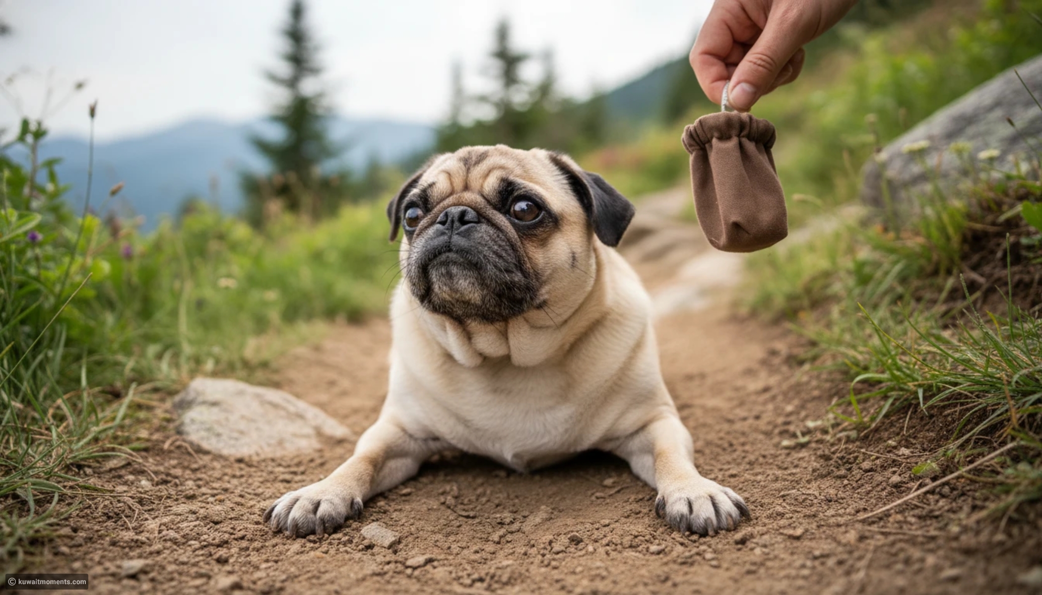 A dramatic pug refuses to continue a hike every time its owner stops