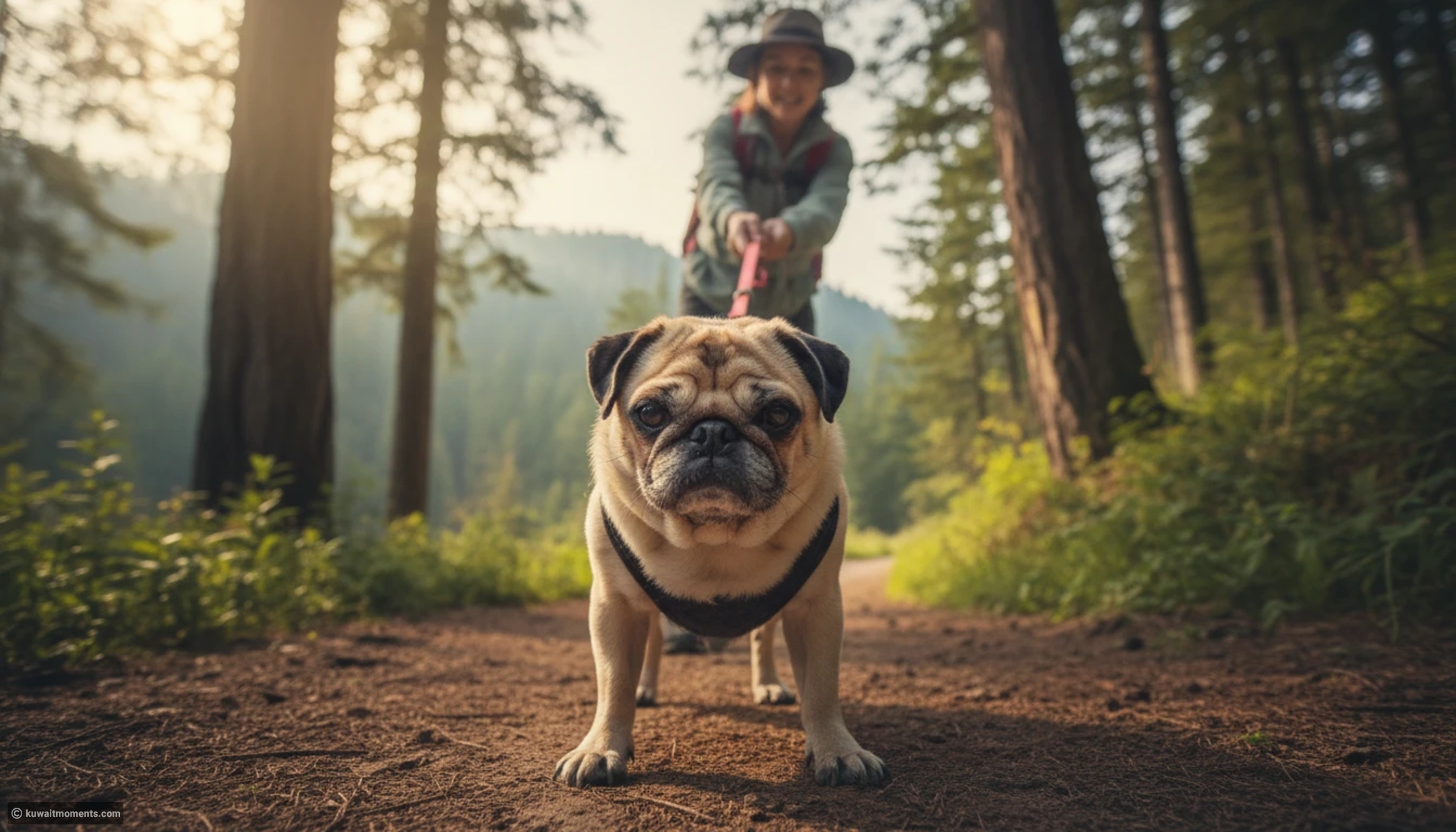 A dramatic pug refuses to continue a hike every time its owner stops
