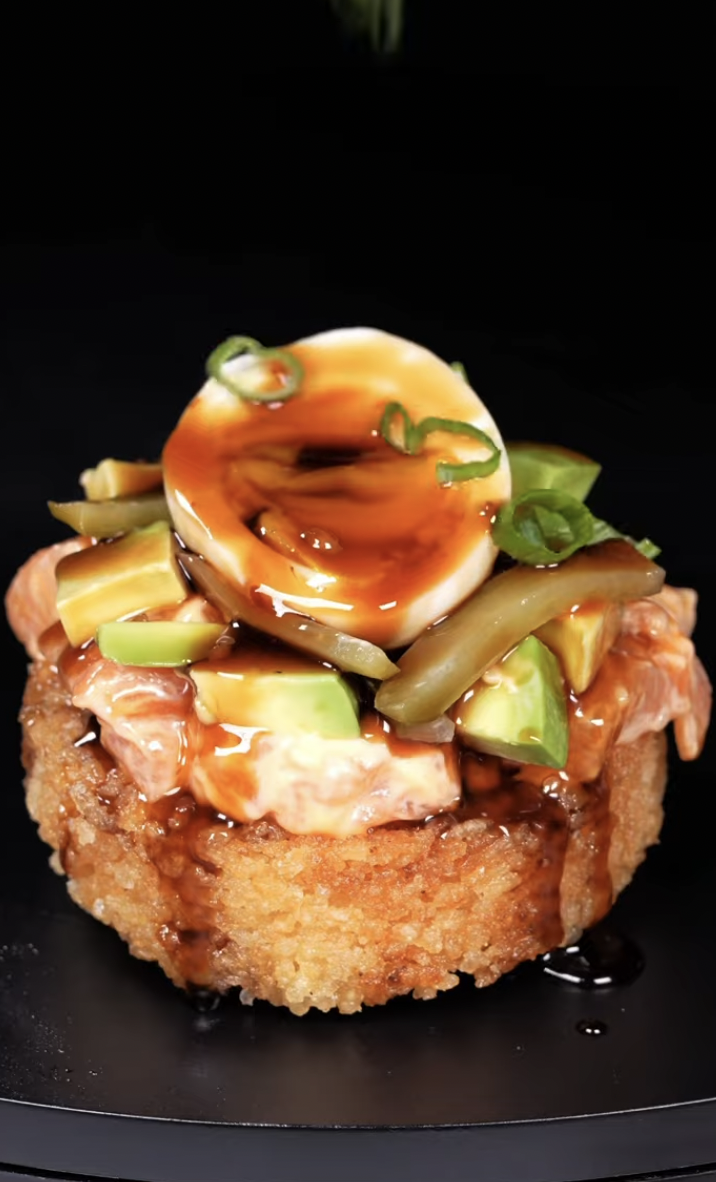 This crispy salmon rice tostada is packed with flavor and crunch