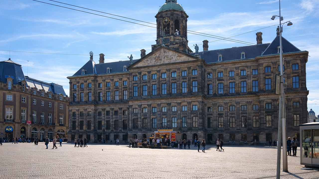 A historic square in Amsterdam full of daily life