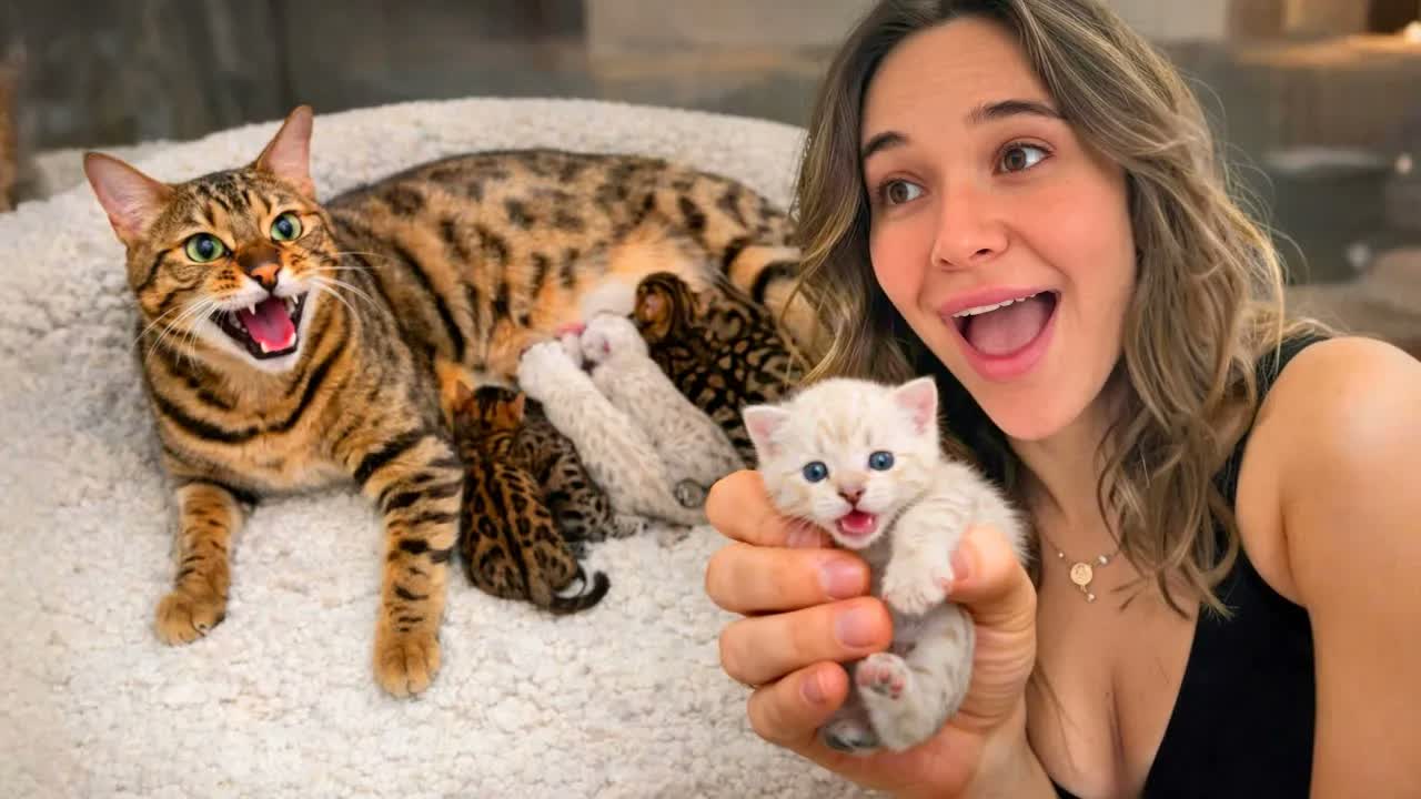 A Bengal cat welcomes a litter of tiny newborn kittens at home