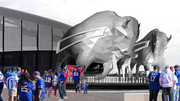 Bills reveal massive smoke-breathing bison statues outside new Highmark ...
