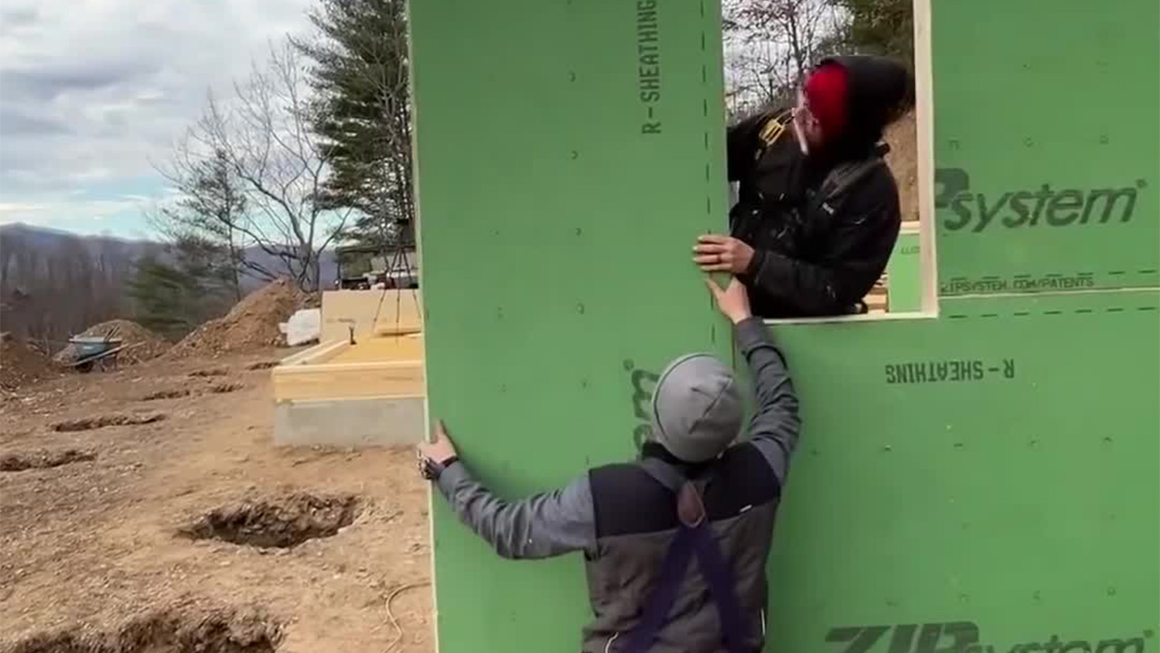 Cabin build framing the exterior walls