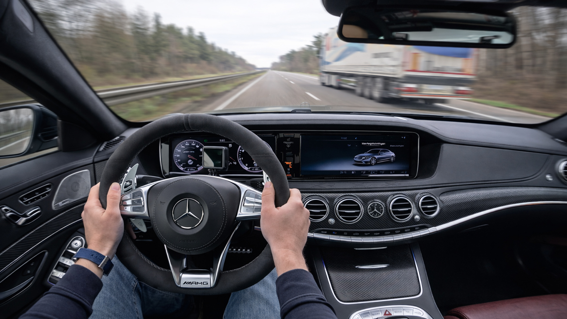 Mercedes performance car accelerates on German highway