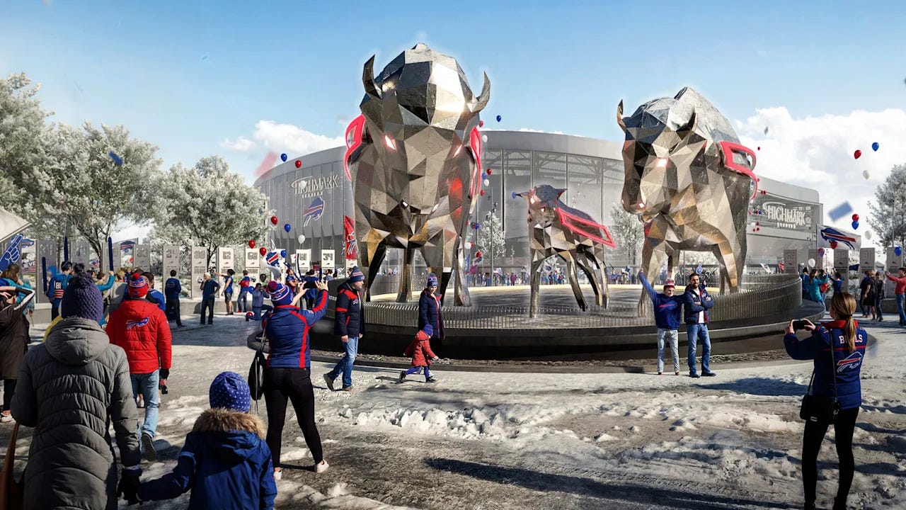 Bills reveal massive smoke-breathing bison statues outside new Highmark ...