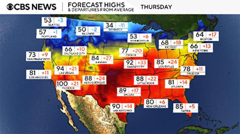 Record-high temperatures set in over a dozen states as heat wave moves east