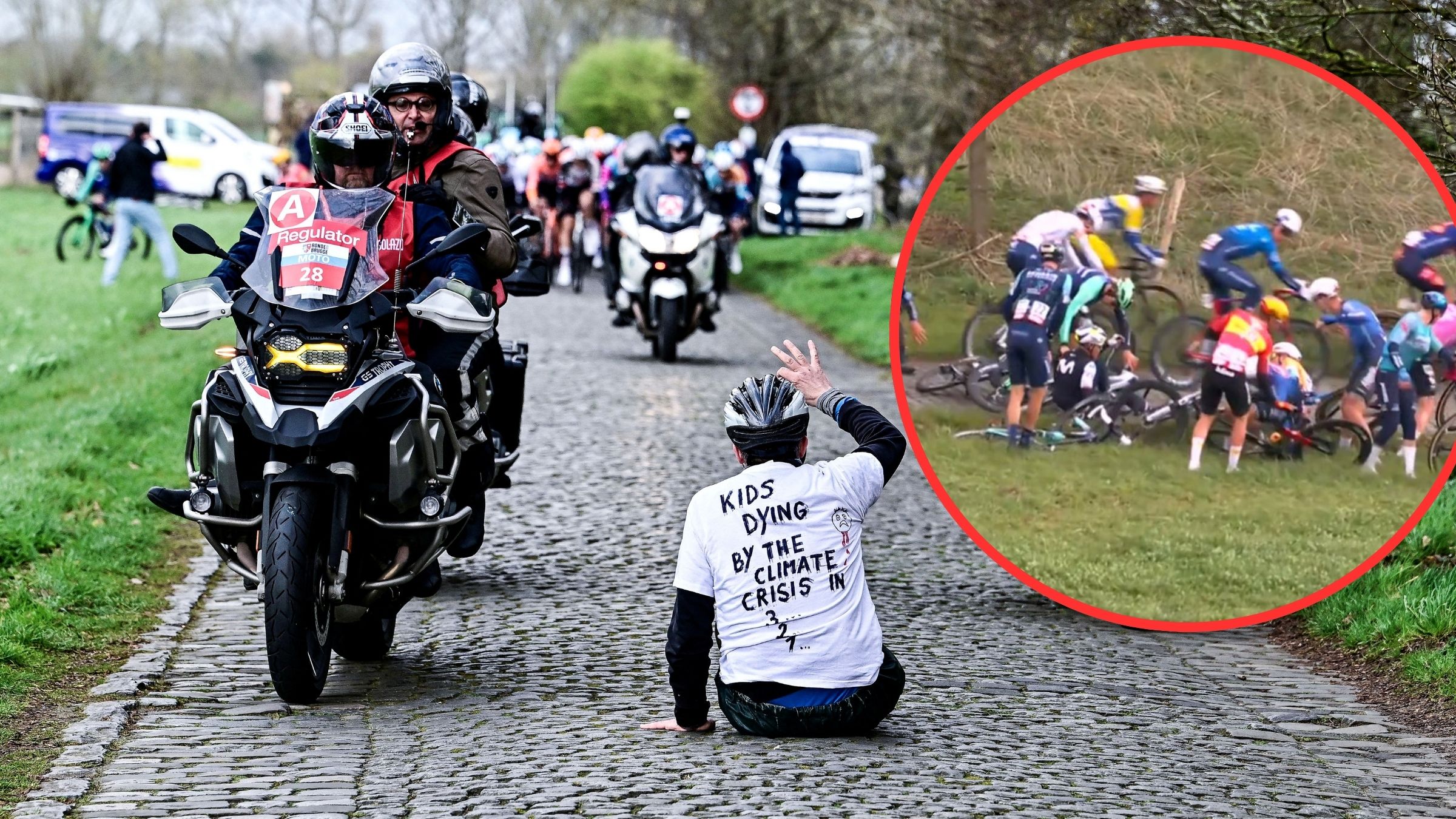 Notorious climate activist triggers mass crash at Ronde van Brugge