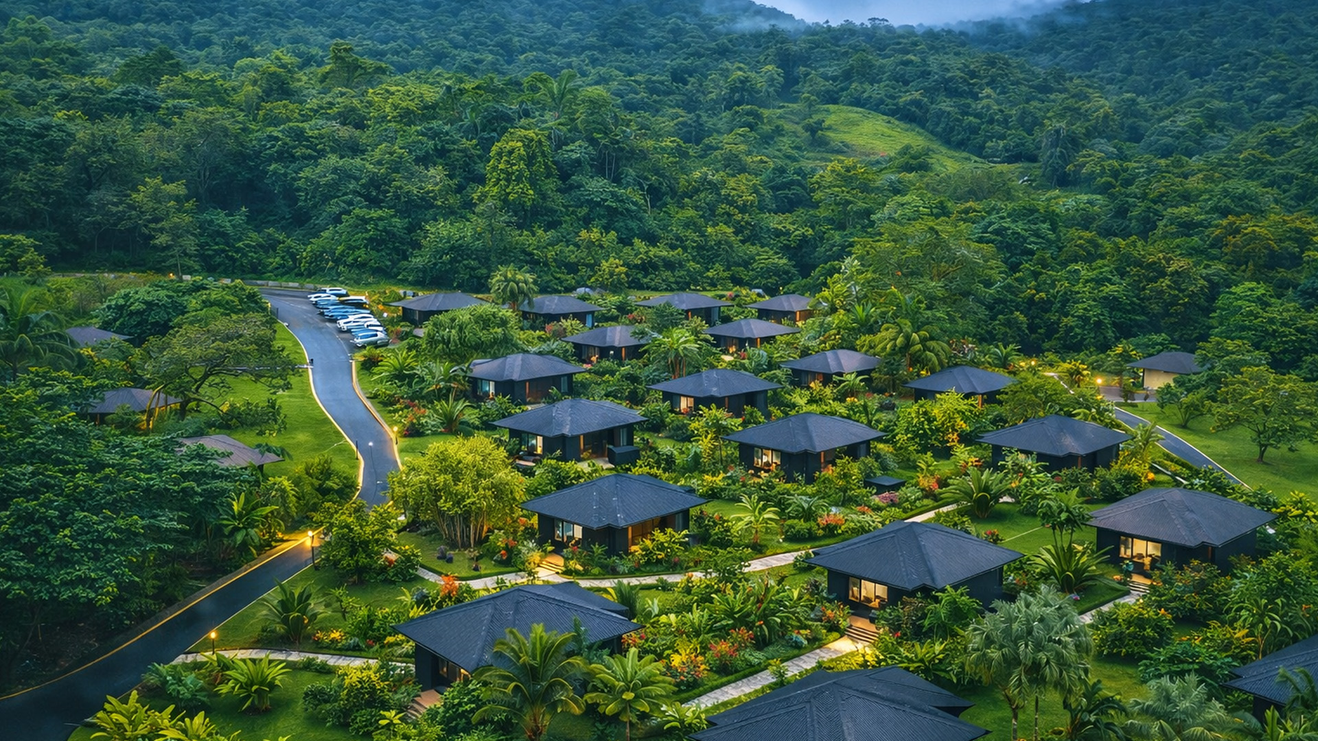 A luxury jungle resort surrounded by tropical forest